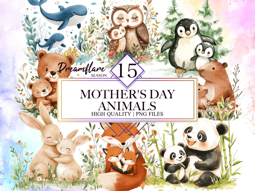 Watercolor Mother's Day Animals Clipart Bundle, Happy Mother's Day PNG ...