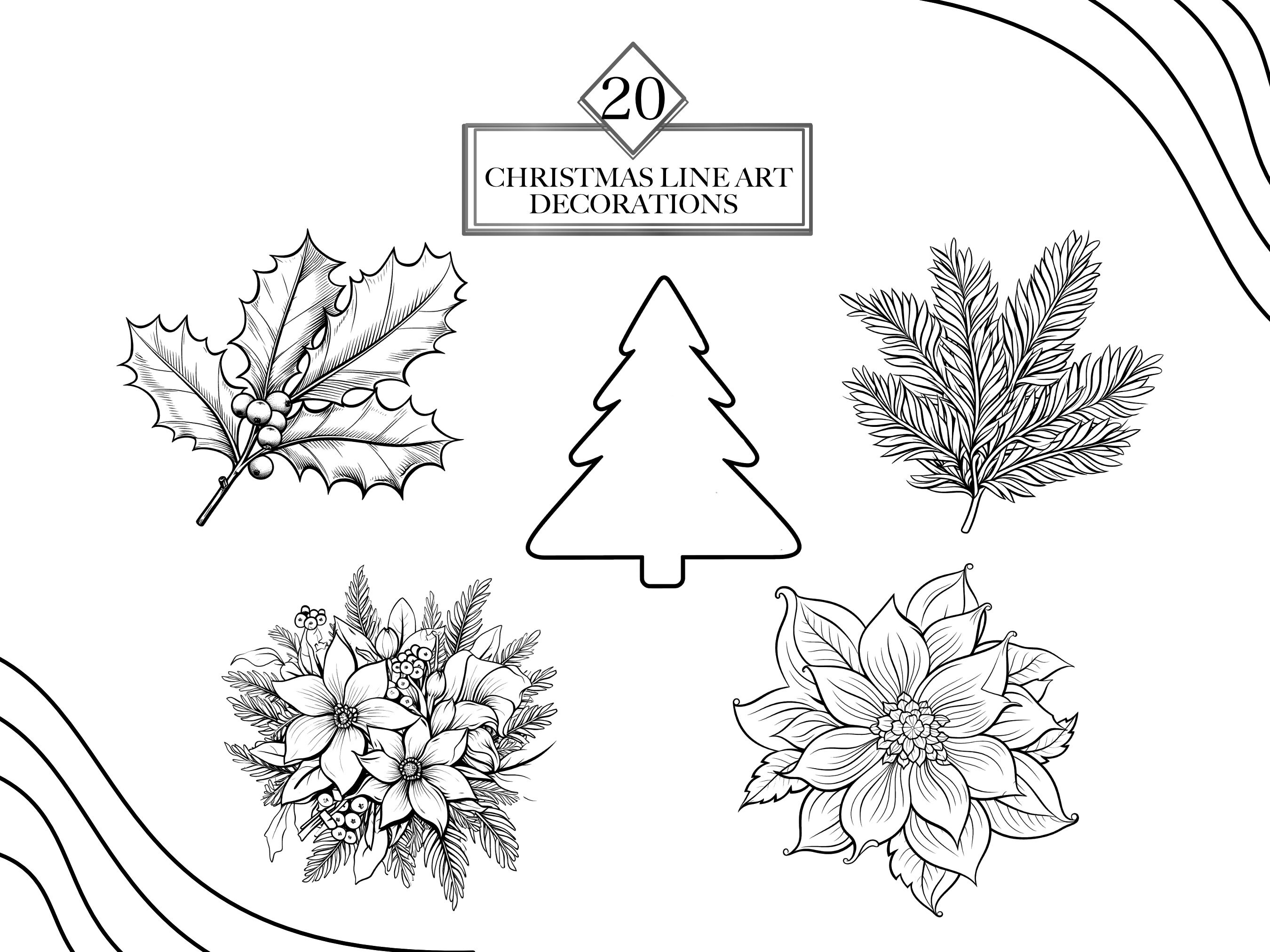 Christmas Ornaments Line Art PNG & SVG Bundle, Christmas Digi Stamp ...