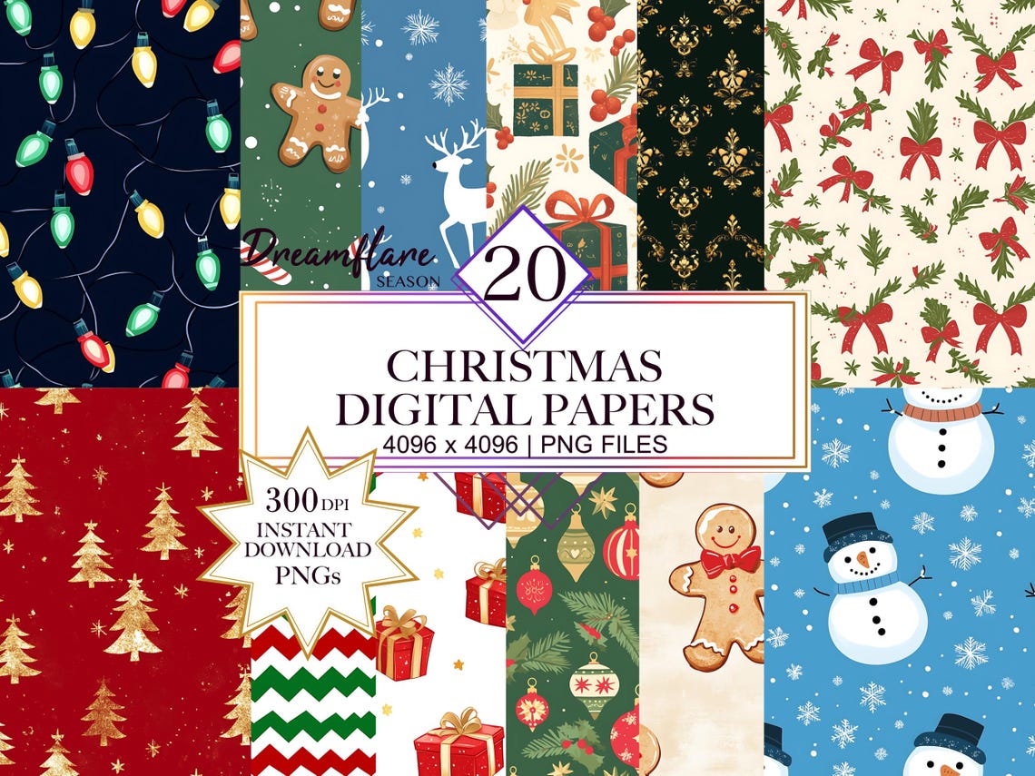Christmas Digital Paper PNG Bundle Watercolor Christmas Patterns ...