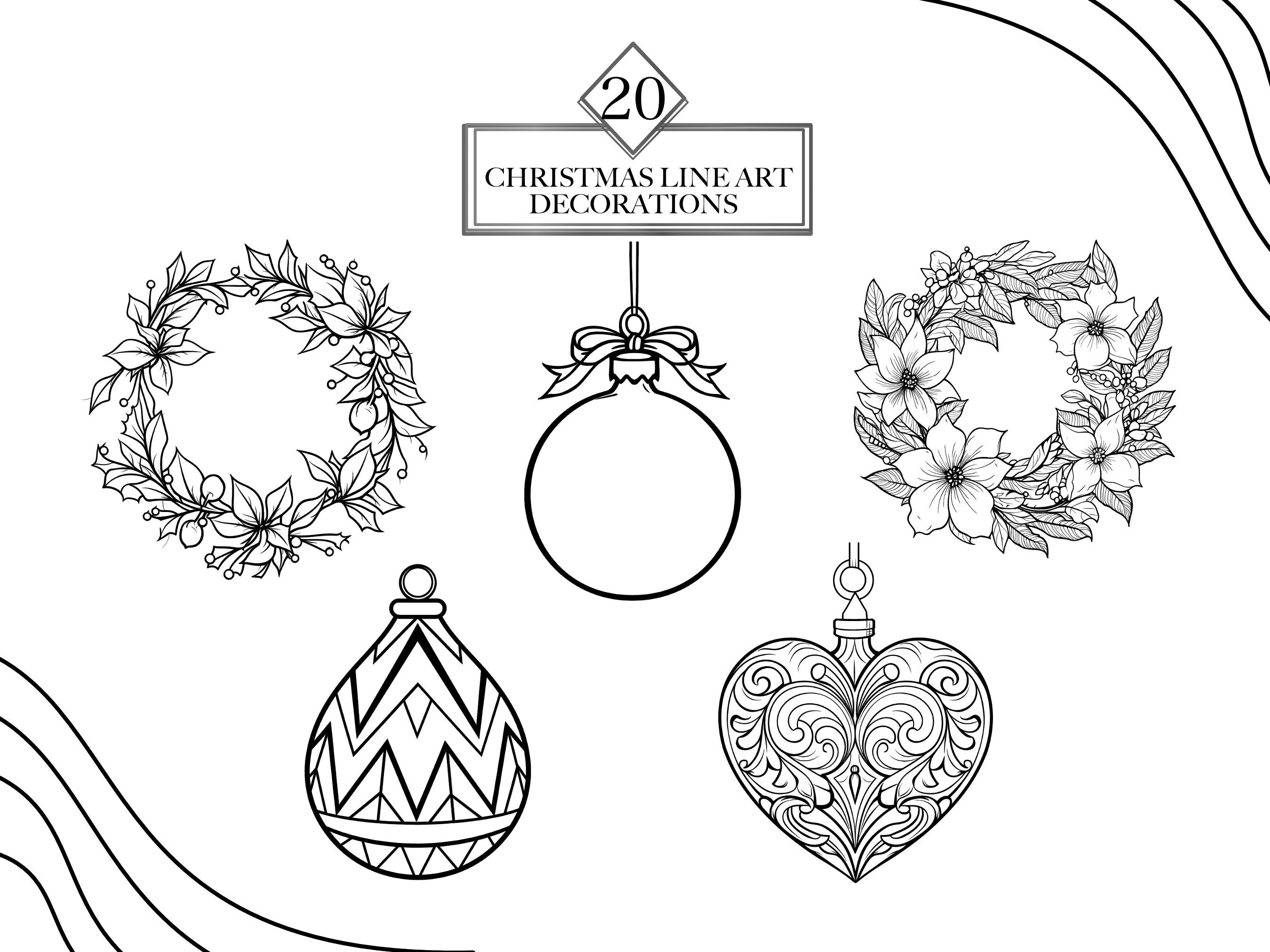 Christmas Ornaments Line Art PNG & SVG Bundle, Christmas Digi Stamp ...