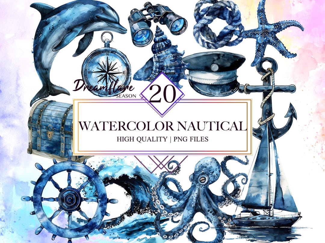 Watercolor Nautical Clipart Bundle, Watercolor Nautical PNG, Sea ...