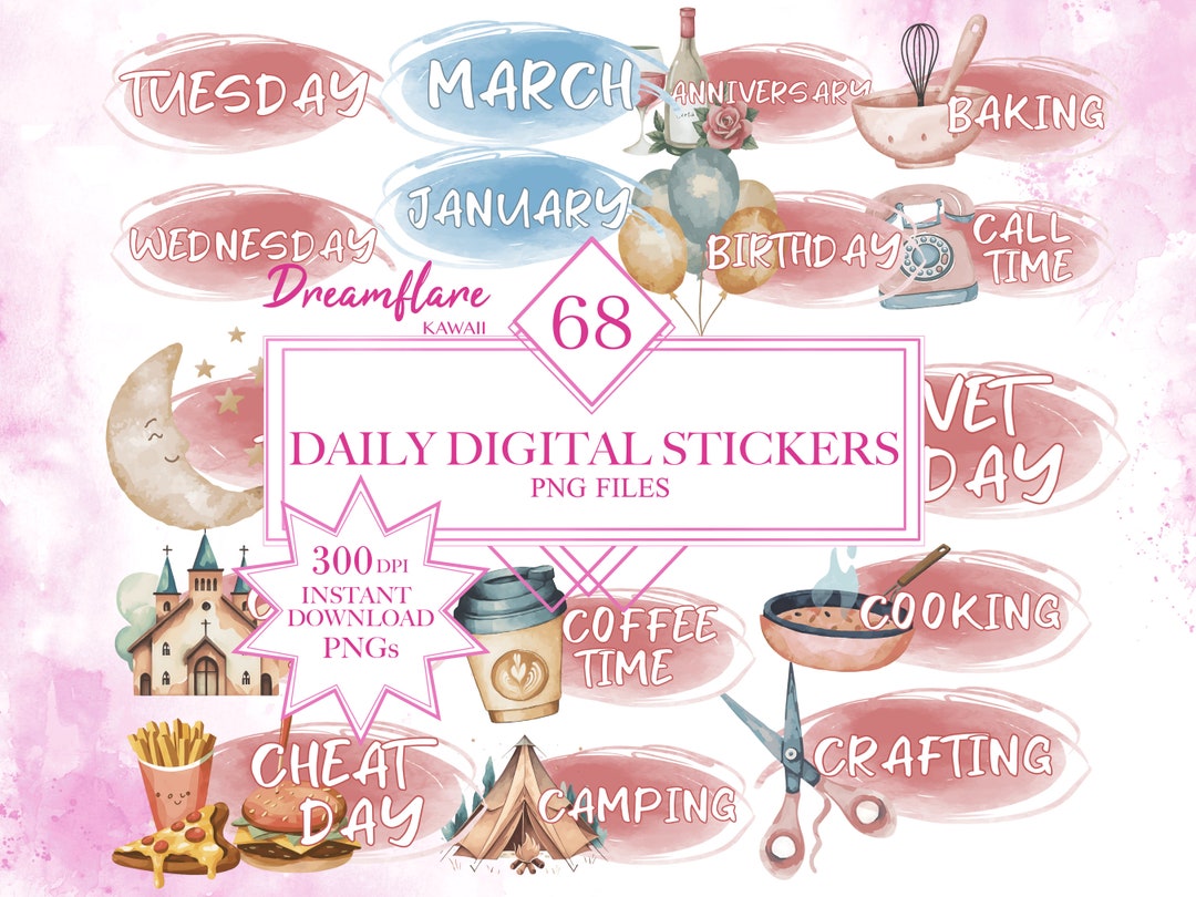 Kawaii Daily Digital Stickers PNG Bundle, Planner Stickers, Goodnotes ...