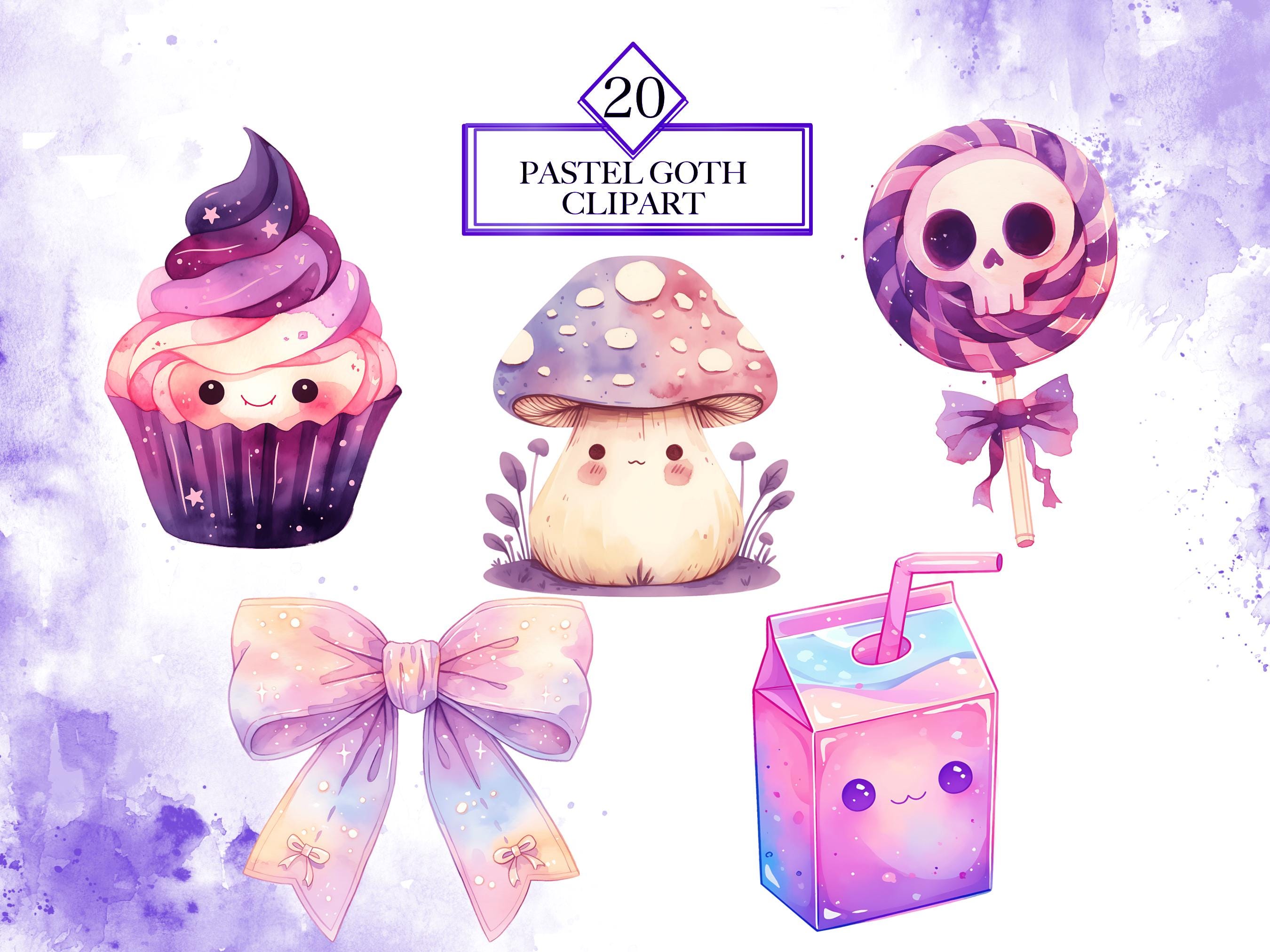 Watercolor Kawaii Pastel Goth Elements Clipart Bundle, Pastel Goth PNG ...