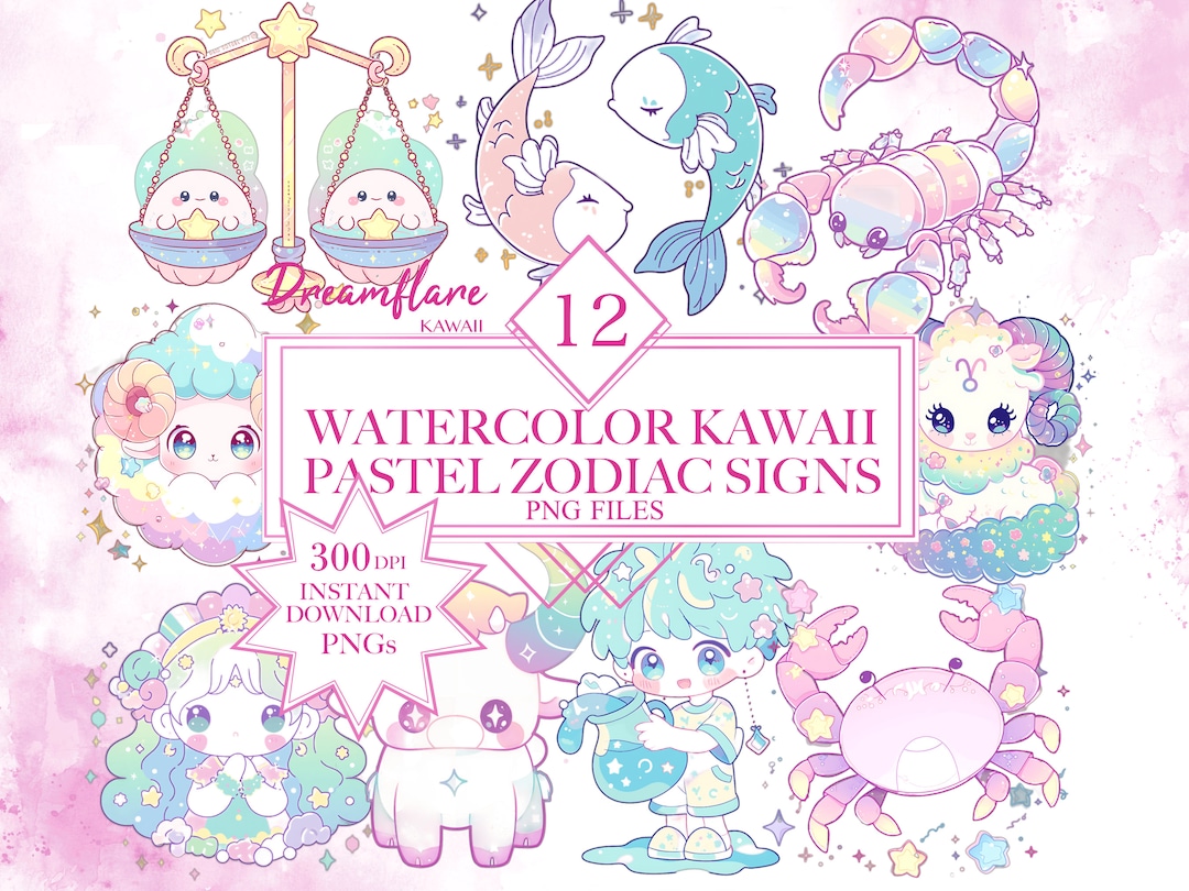Watercolor Cute Zodiac Signs Clipart Bundle, Horoscope Clipart, Pastel ...