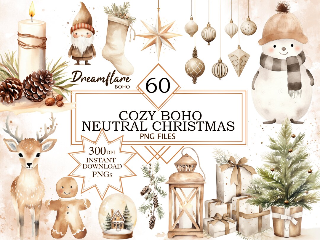 Cozy Christmas Watercolor Boho Clipart, Cozy Boho PNG, Christmas ...