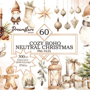 Cozy Christmas Watercolor Boho Clipart, Cozy Boho PNG, Christmas ...