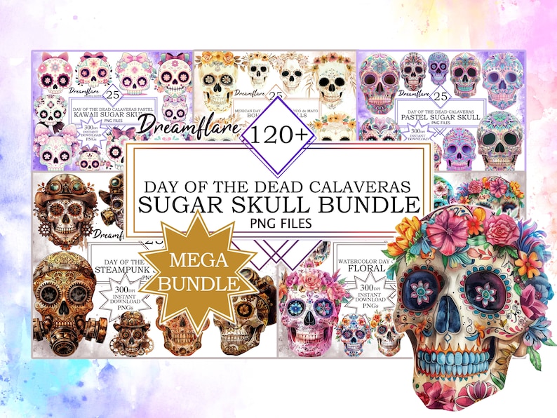Sugar Skull Clipart PNG Mega Bundle, Sugar Skull Clip Art, Day of the ...