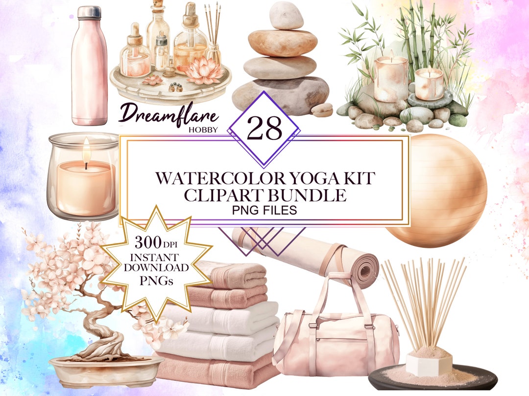 Watercolor Yoga Kit Clipart Bundle, Meditation Clip Art, Self Care PNG ...