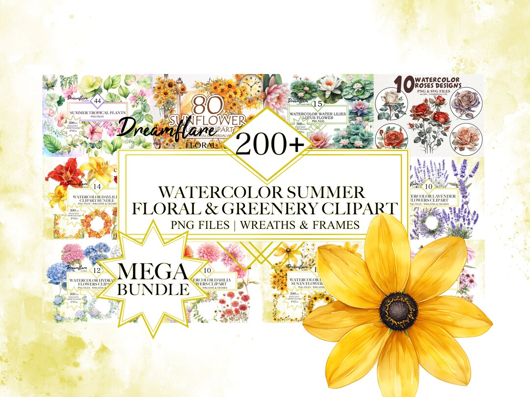 Watercolor Summer Flowers & Plants Clipart Mega Bundle, Summer Flowers ...