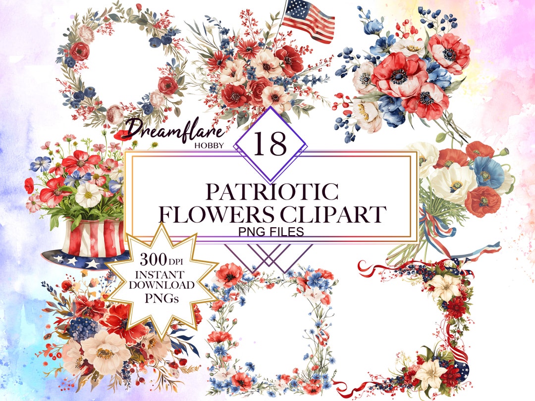 Watercolor Patriotic Flowers Clipart Bundle, 4th of July Clipart ...
