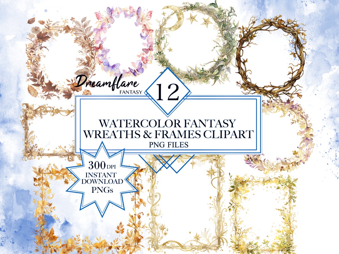 Watercolor Fantasy Wreaths & Frames PNG Bundle, Wreath Clipart, Frame ...
