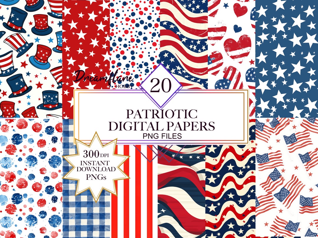 Patriotic Digital Papers PNG Bundle, 4th of July Clipart, Independence ...