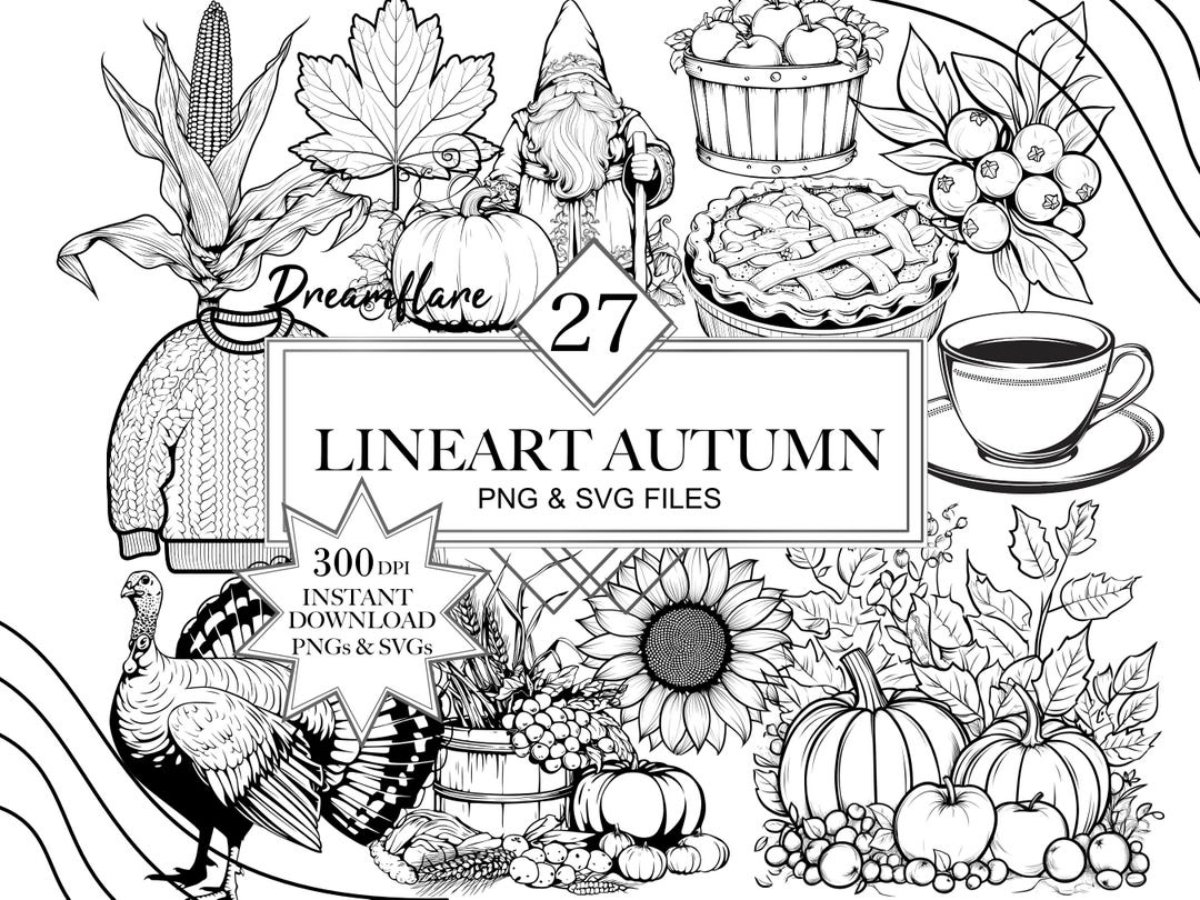 Line Art Autumn PNG and SVG Bundle, Autumn SVG, Digital Stamp, Coloring ...