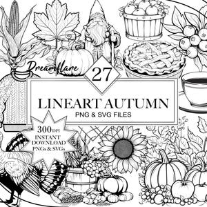 Line Art Autumn PNG and SVG Bundle, Autumn SVG, Digital Stamp, Coloring ...
