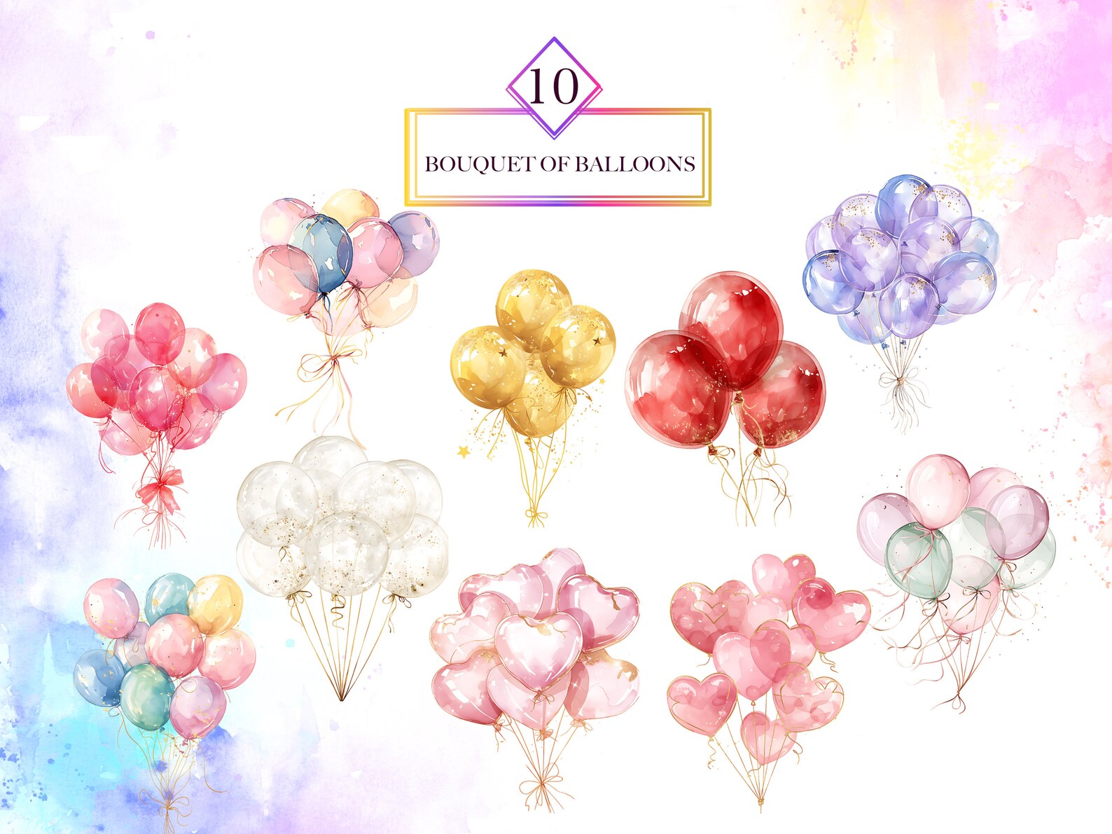 Watercolor Party Balloons Clipart Bundle, Birthday Watercolor Clipart ...