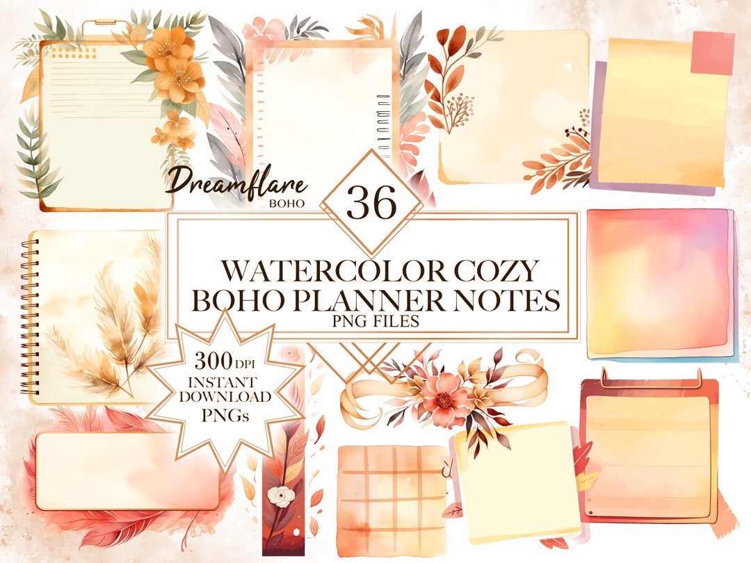 Watercolor Boho Planner PNG Clipart Bundle, Boho Planner Digital ...