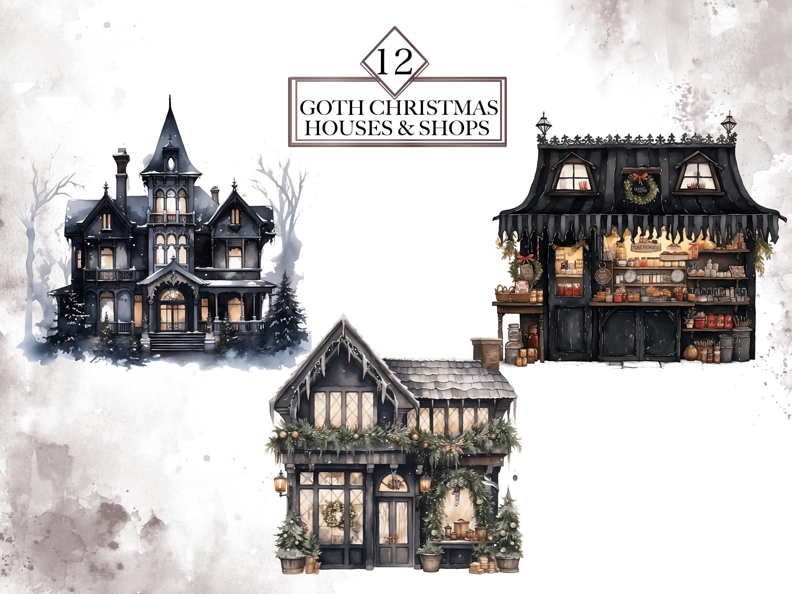 Watercolor Goth Christmas Houses and Shops PNG Bundle, Gothic House ...