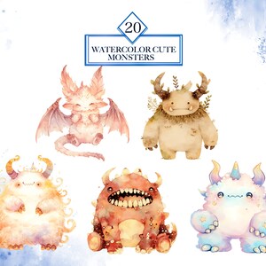 Watercolor Kawaii Monsters Clipart Bundle, Cute Monster PNG, Monster ...