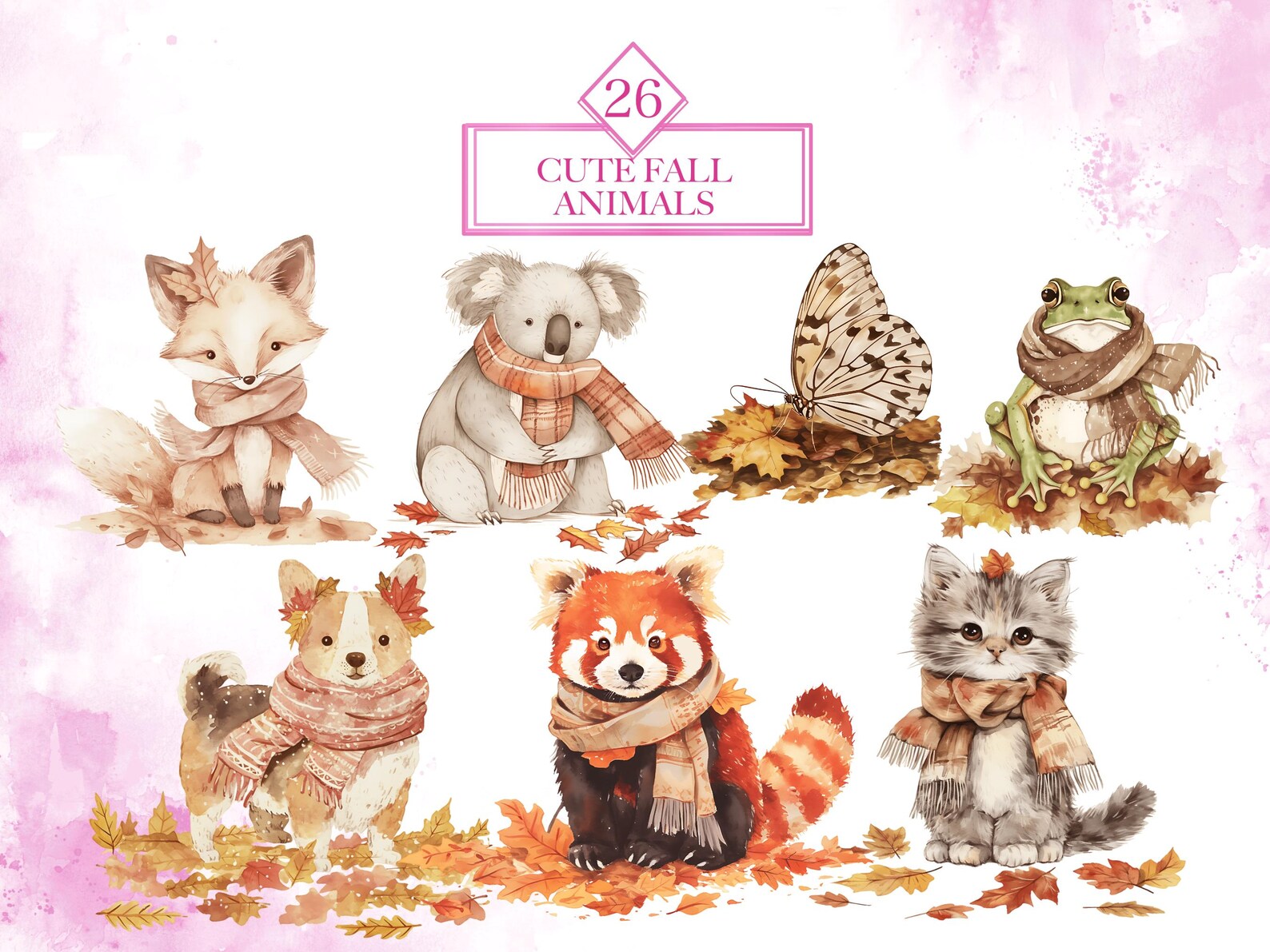 Watercolor Cute Autumn Animals Clipart Bundle, Boho Fall PNG, Autumn ...
