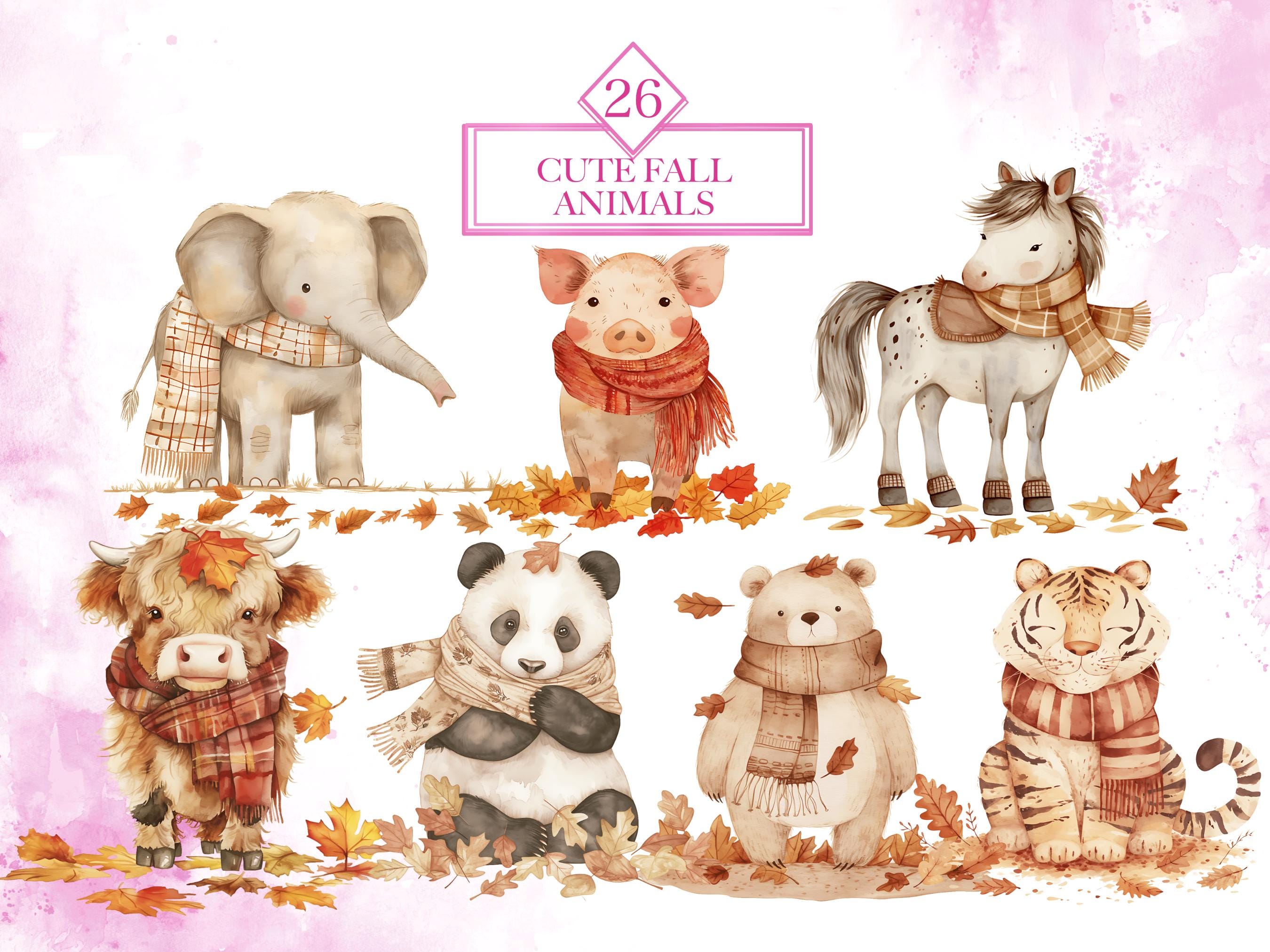 Watercolor Cute Autumn Animals Clipart Bundle, Boho Fall PNG, Autumn ...