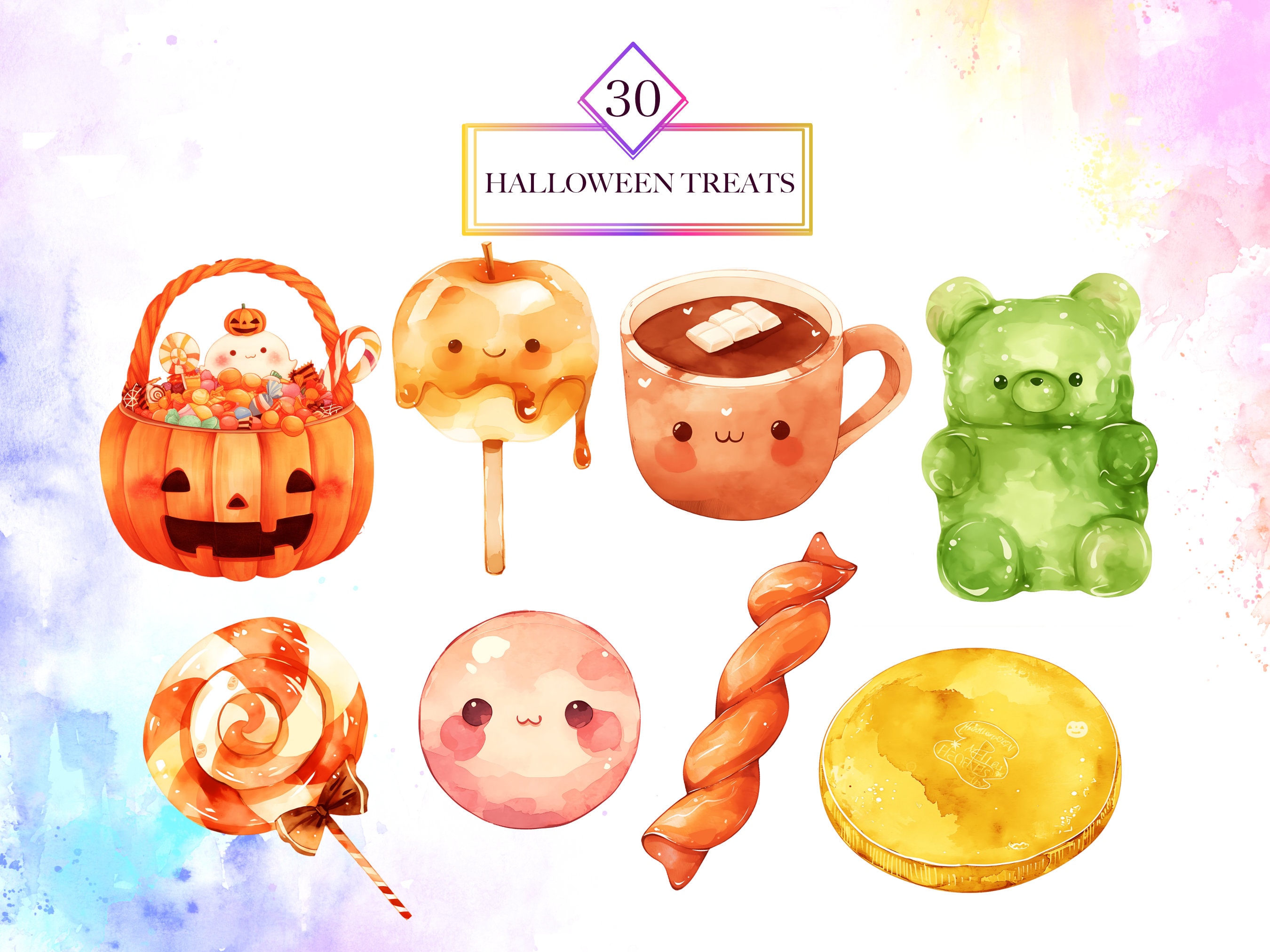 Halloween Treats Clipart Bundle, Watercolor Halloween PNG, Halloween ...