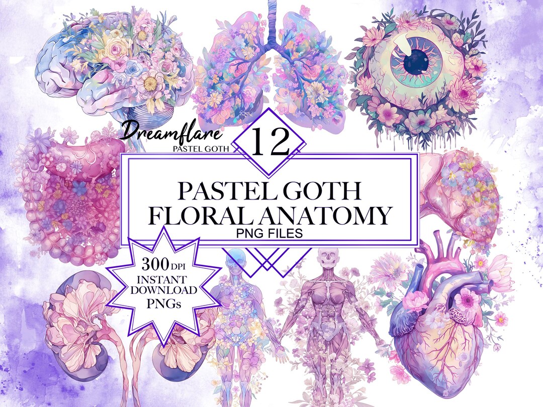 Watercolor Pastel Goth Floral Human Anatomy Clipart Bundle, Floral ...