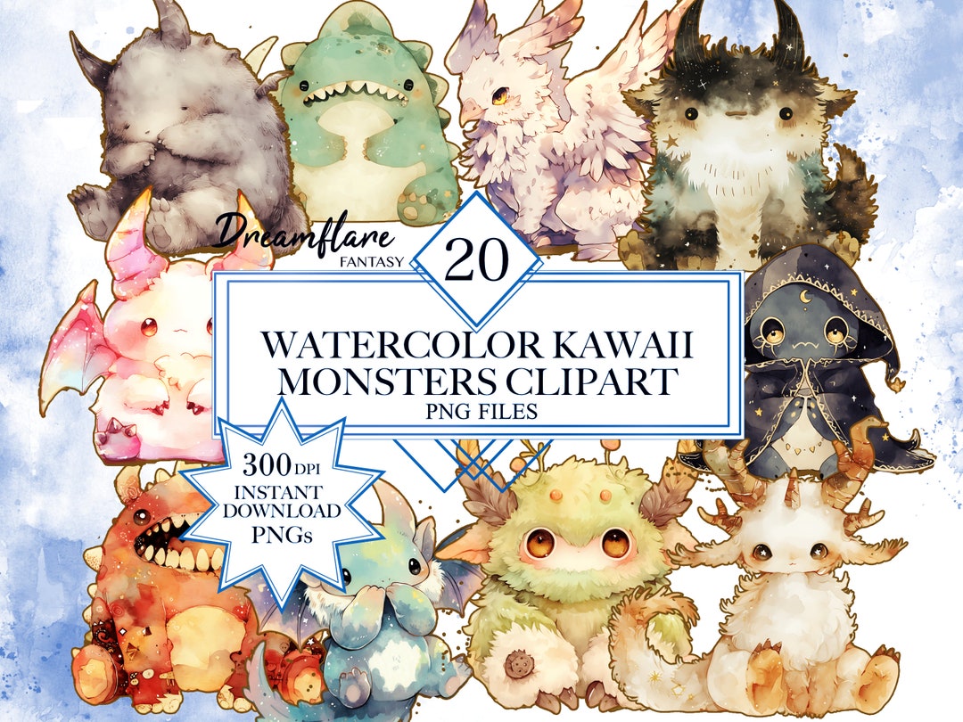 Watercolor Kawaii Monsters Clipart Bundle, Cute Monster PNG, Monster ...