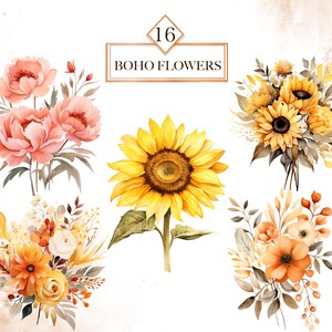 Watercolor Boho Flowers Clipart Bundle, Flower Bouquet Clipart, Floral ...