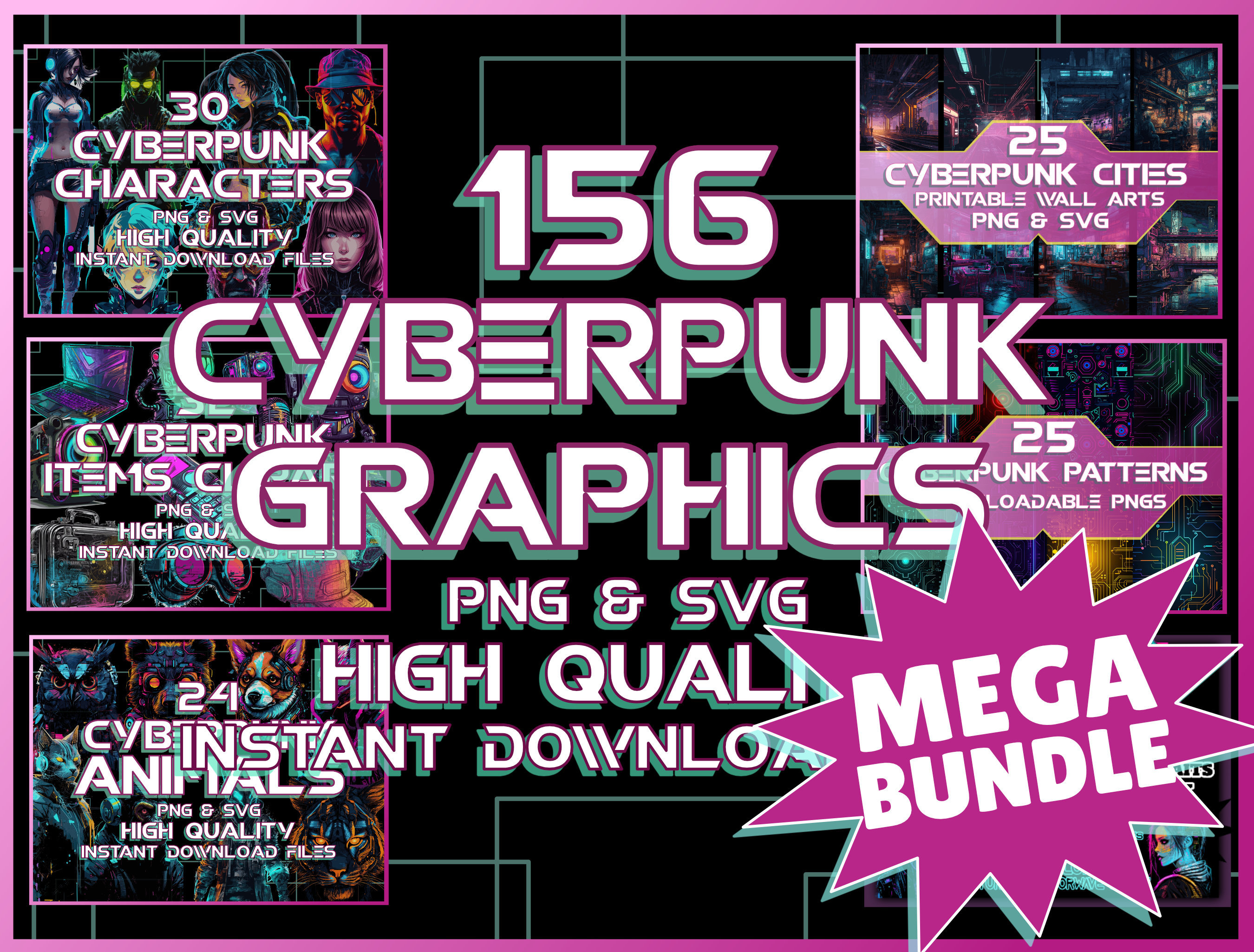 156 Futuristic Cyberpunk Graphics Mega Bundle PNG SVG Vector - Etsy