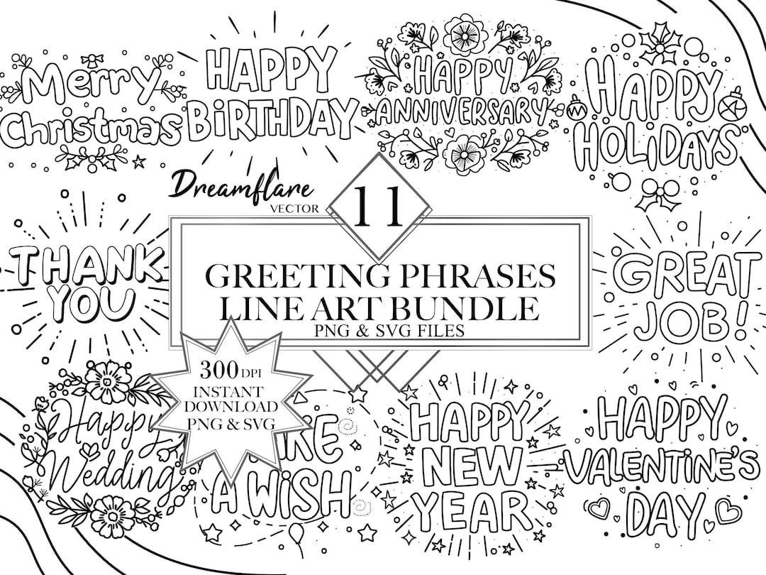 Greeting Phrases Line Art PNG & SVG Bundle, Typography Digital Prints ...