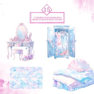 Watercolor Mermaid House Clipart Bundle, Underwater Clipart ...