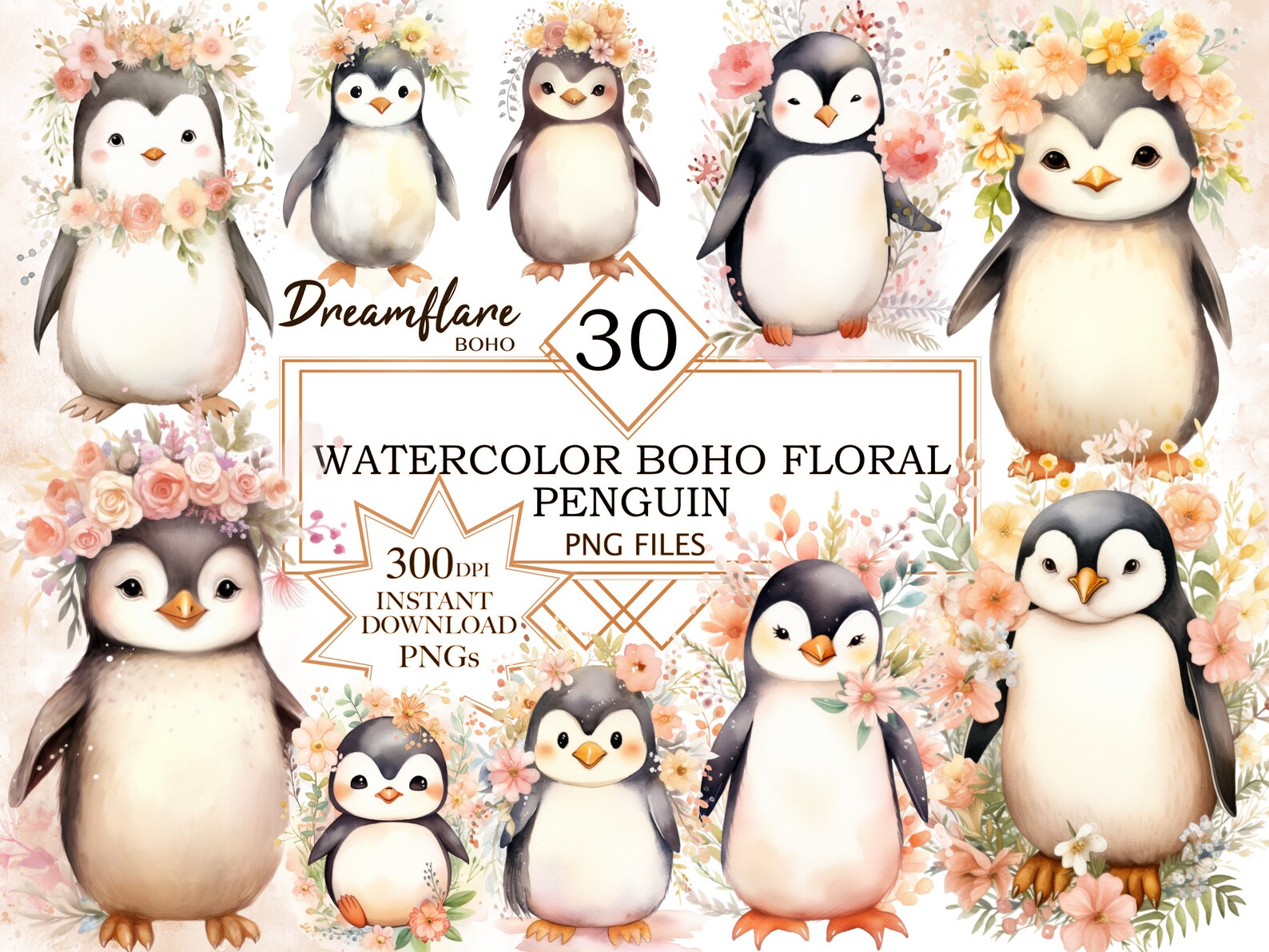 30 Watercolor Boho Floral Penguins Clipart Bundle, Floral Penguin PNG ...