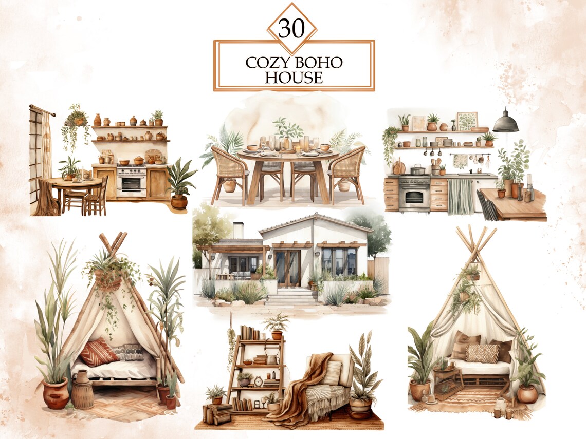 Watercolor Boho Cozy House PNG Clipart, Boho Clipart, Rustic Cozy House ...