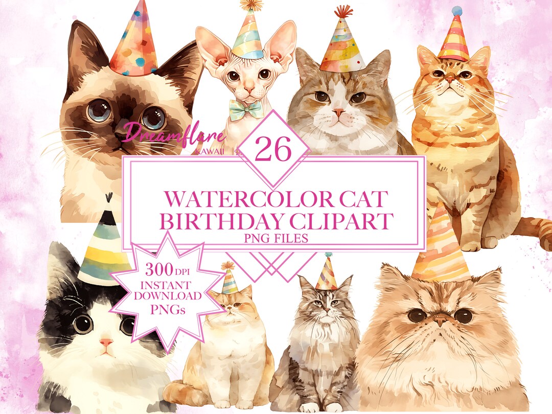 Watercolor Cat Birthday Clipart Bundle, Cute Cat PNG, Watercolor ...