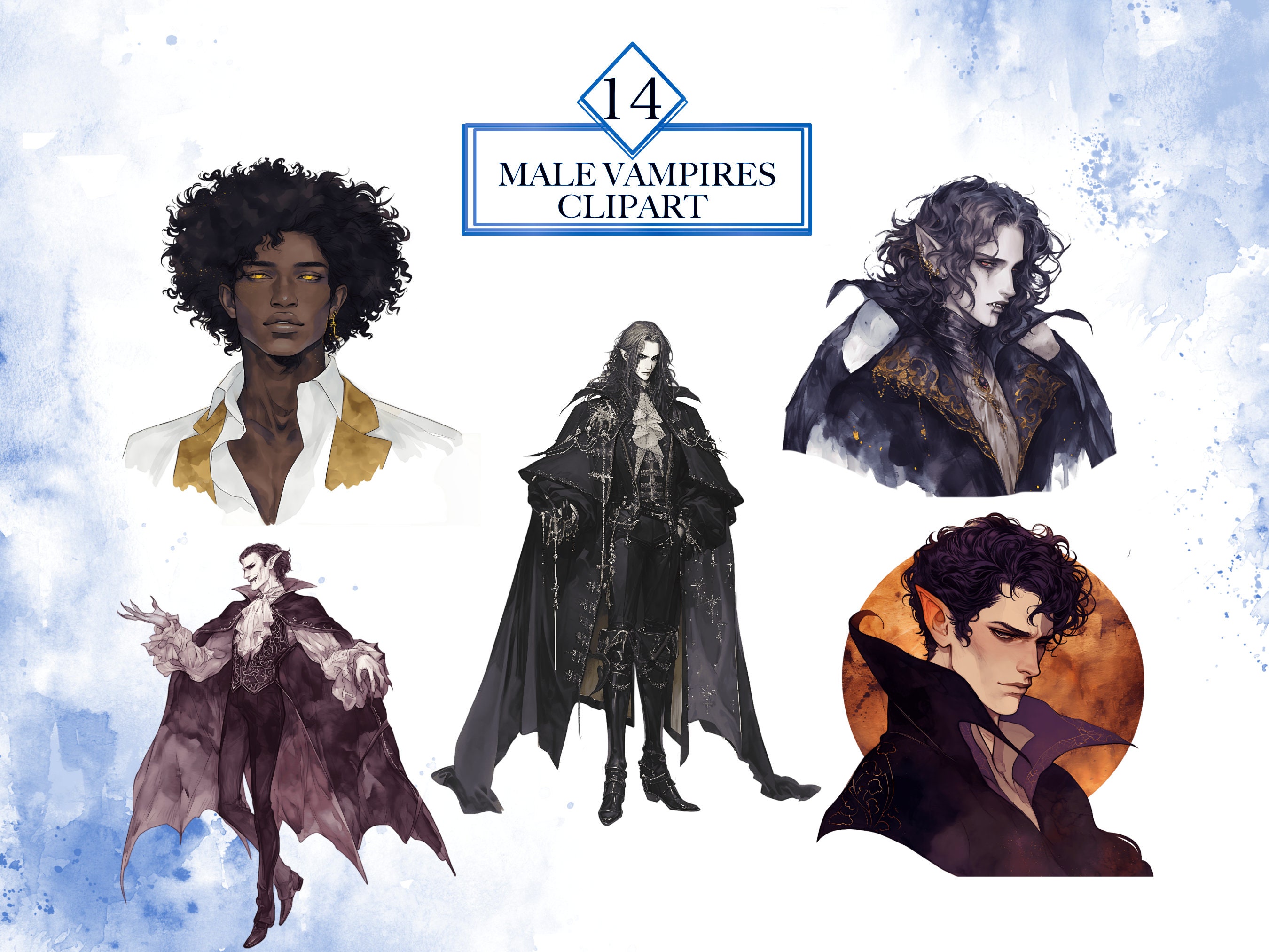 Watercolor Goth Vampire Clipart Bundle, Vampire PNG, Gothic Vampire Men ...