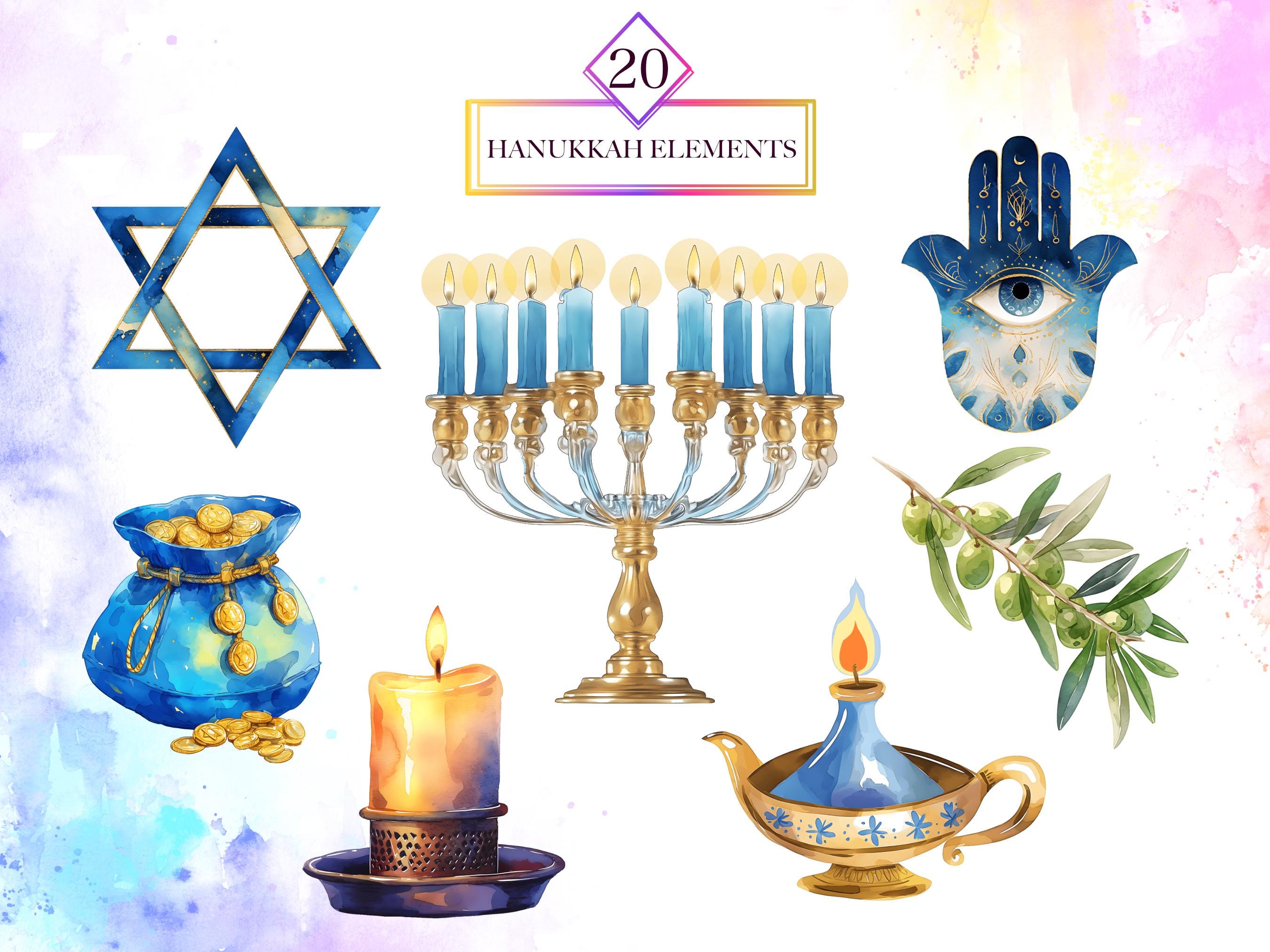 Watercolor Hanukkah Clipart Bundle, Jewish Festival PNG, Menorah Jewish ...