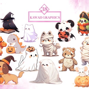Kawaii Halloween Animals Clipart Bundle, Kawaii Halloween PNG, Creepy ...
