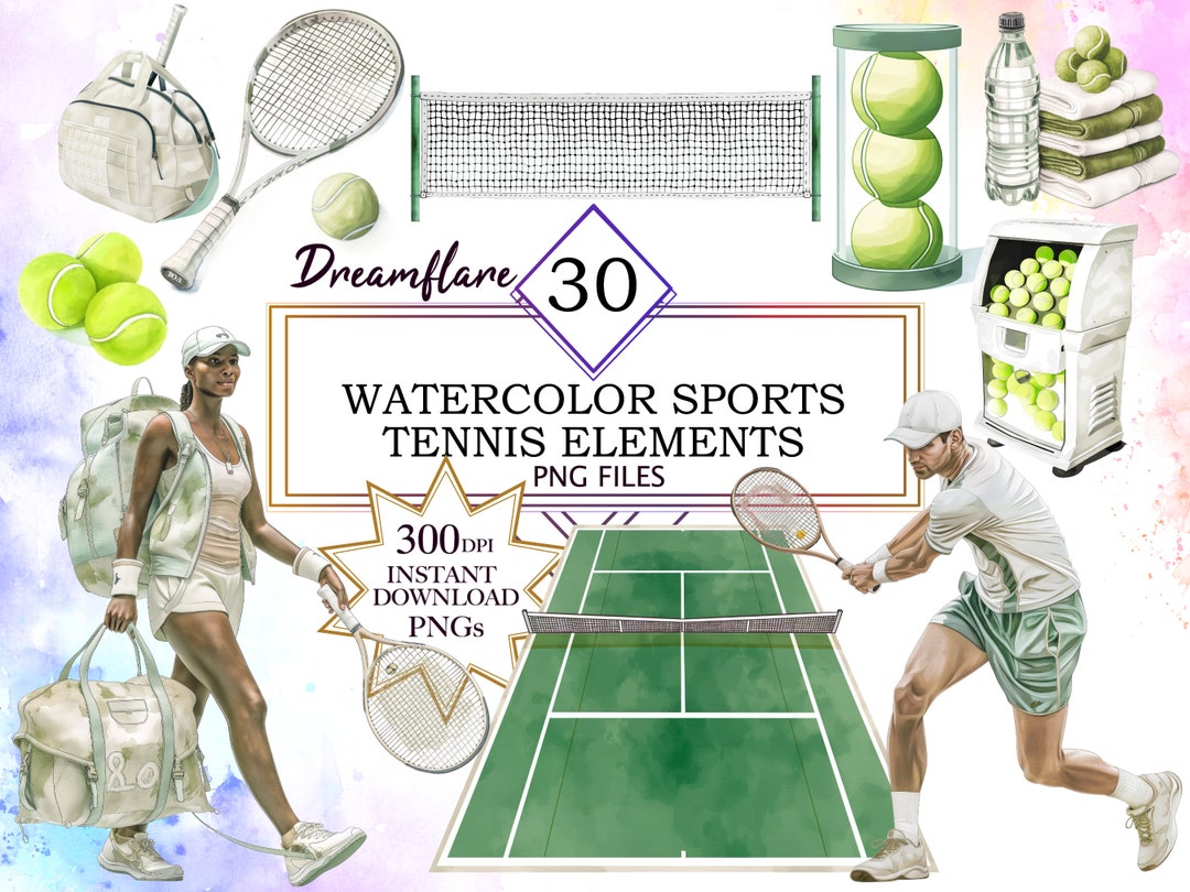 Watercolor Sports Tennis Elements Clipart PNG Bundle, PNG Tennis Sport ...