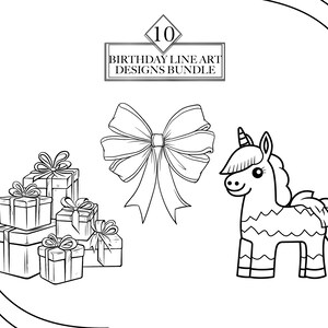 Birthday Line Art Graphics PNG & SVG Bundle, Birthday Digi Stamp ...