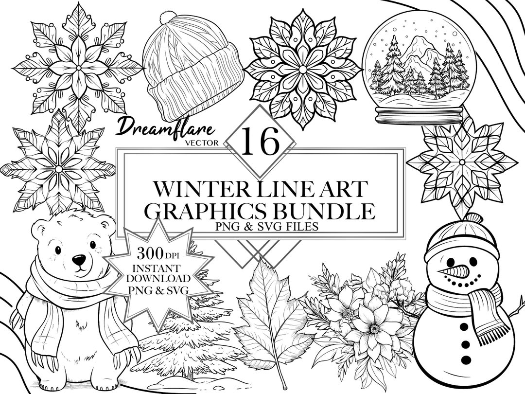 Winter Line Art Graphics PNG & SVG Bundle, Winter Digital Stamp ...