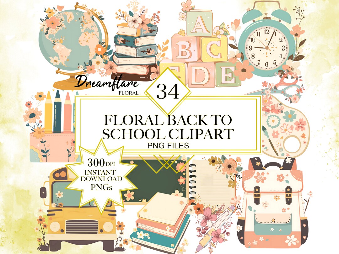 Floral Groovy School PNG Clipart Bundle, Floral School Supplies, Back ...