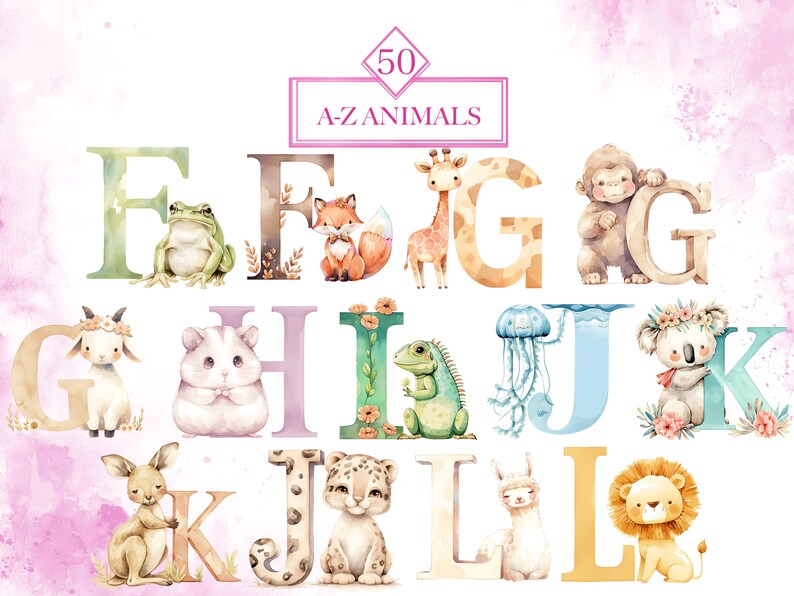 Watercolor Alphabet Animals Clipart Bundle, Back to School Clipart ...