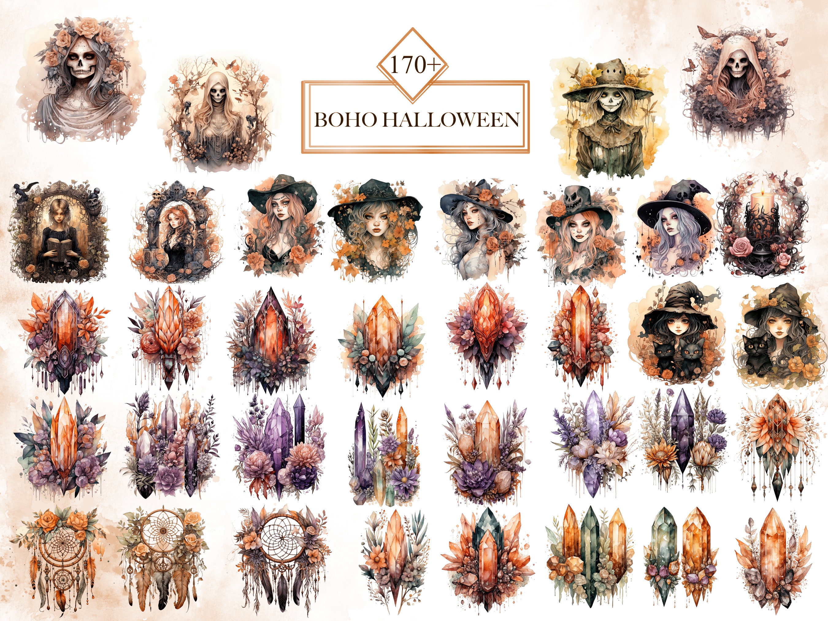 Halloween Clipart Bundle Watercolor Boho PNG Design Goth - Etsy