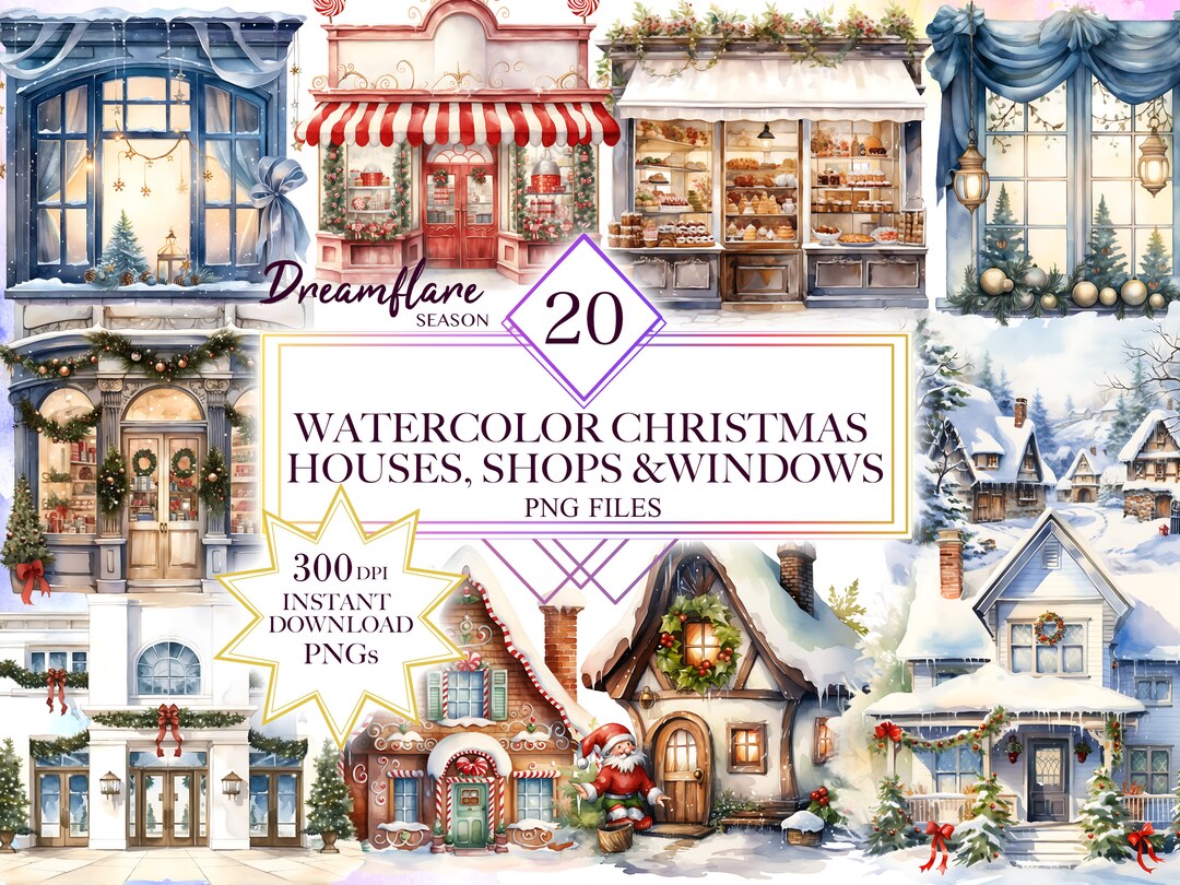 Watercolor Christmas Houses Clipart Bundle, Christmas Shops PNG, Winter ...