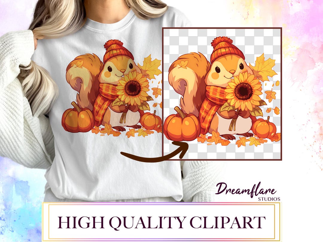 Cute Autumn Squirrel PNG, Squirrel Clipart, Sunflower, Pumpkins, Fall ...