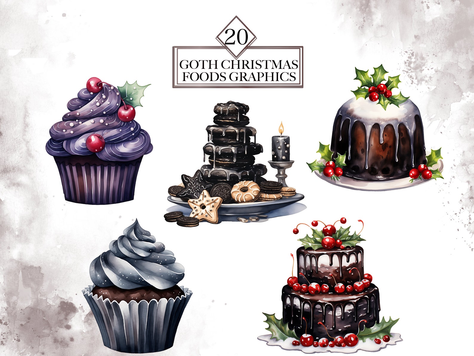Watercolor Goth Christmas Foods PNG Bundle, Christmas Foods Clipart ...