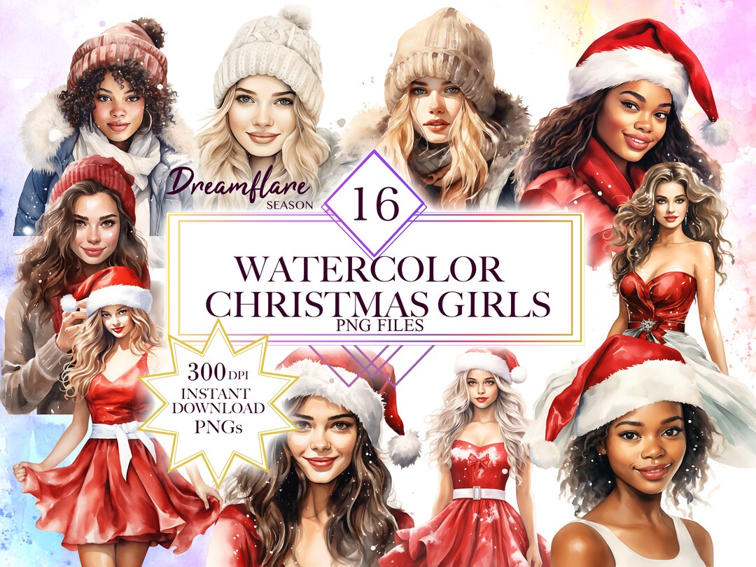 Watercolor Christmas Girls Clipart Bundle, Santa Girls PNG, Watercolor ...