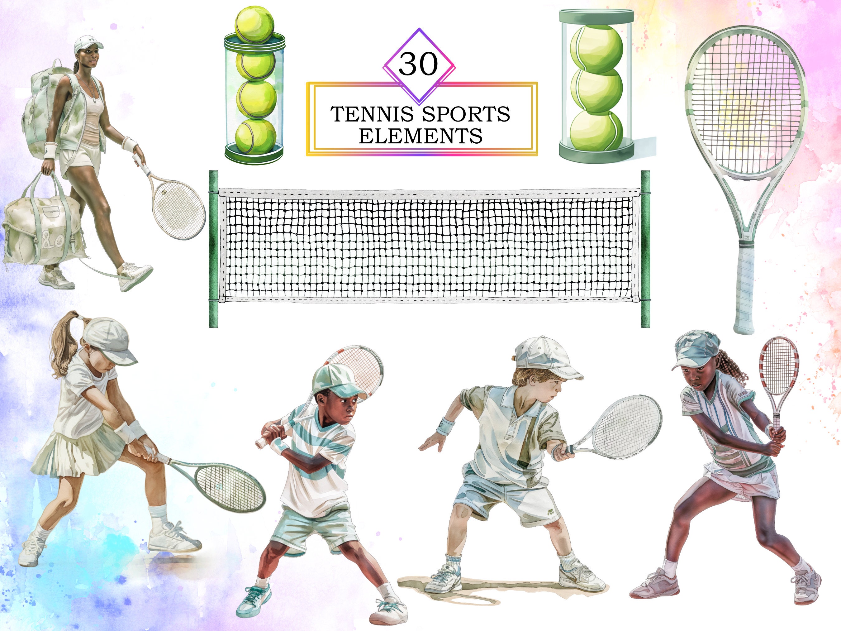 Watercolor Sports Tennis Elements Clipart PNG Bundle, PNG Tennis Sport ...