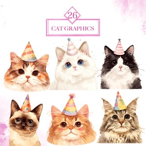 Watercolor Cat Birthday Clipart Bundle, Cute Cat PNG, Watercolor ...