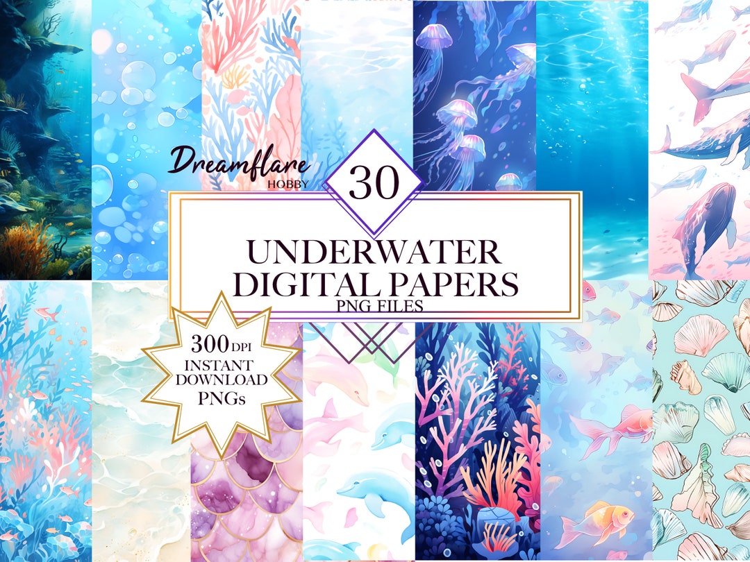 Watercolor Underwater Digital Papers PNG Bundle, Undersea Background ...